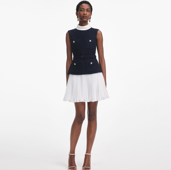 Self-Portrait | Dresses | Selfportrait Navy Boucle And Chiffon Mini ...